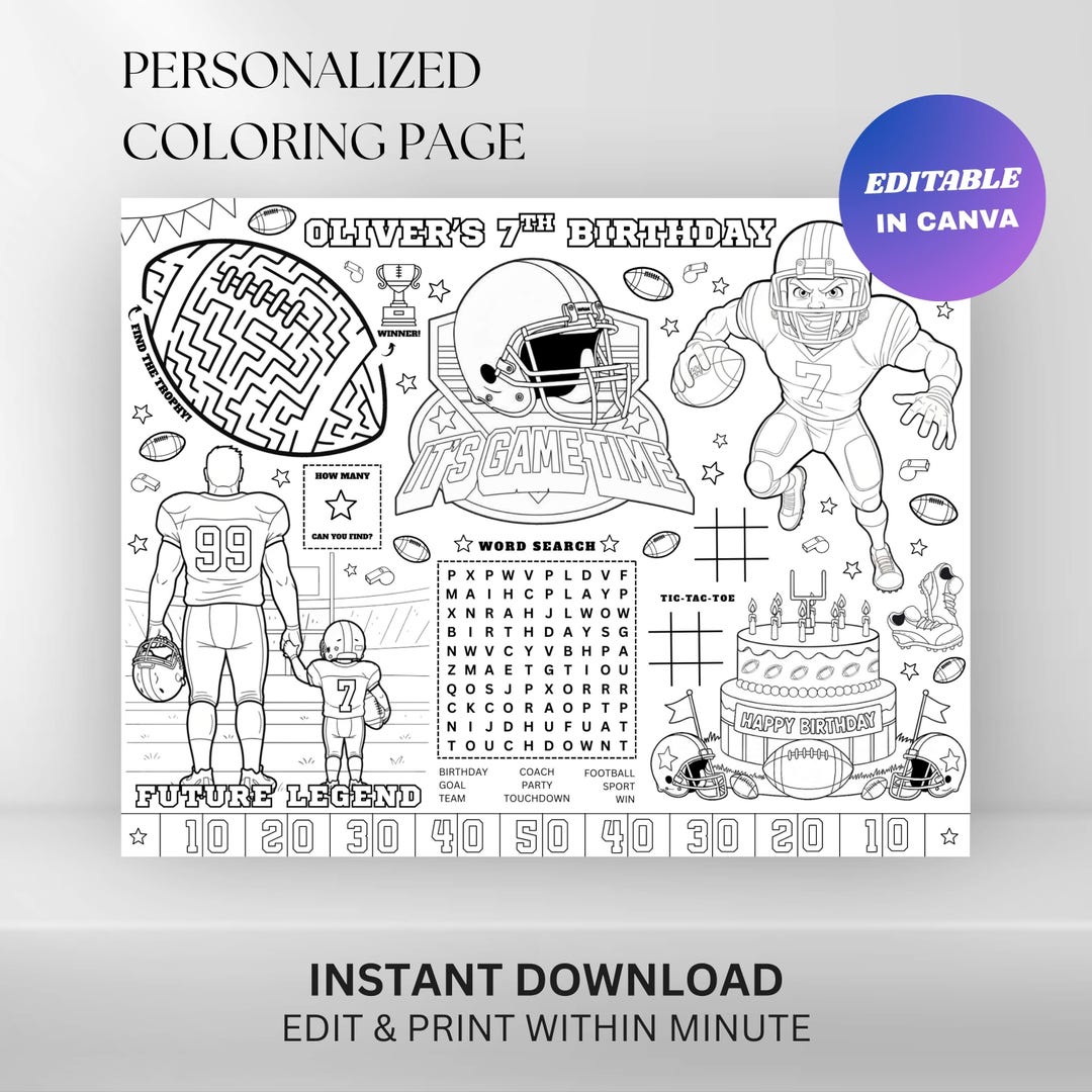 Football Birthday Coloring Placemat: Editable American Sports Kids ...