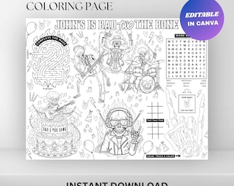Bad Two the Bone Birthday Coloring Placemat : Editable Rock N Roll ...