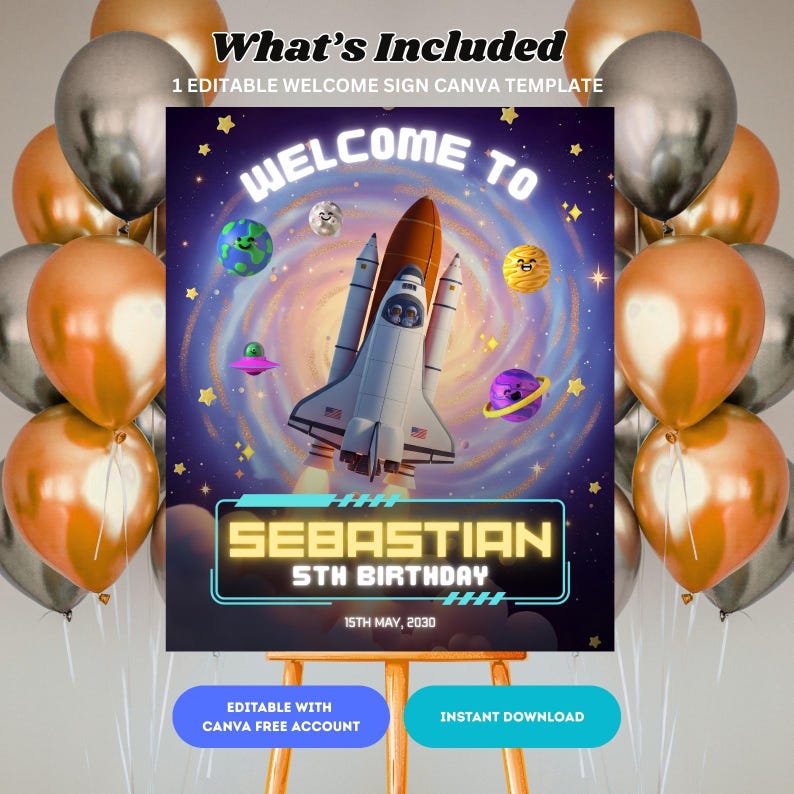 Editable Space Birthday Welcome Sign : Printable Rocket Ship Party ...
