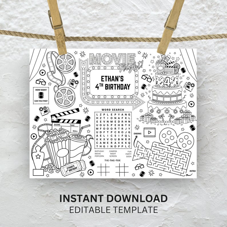 Editable Movie Night Birthday Coloring Placemat : Printable Cinema ...