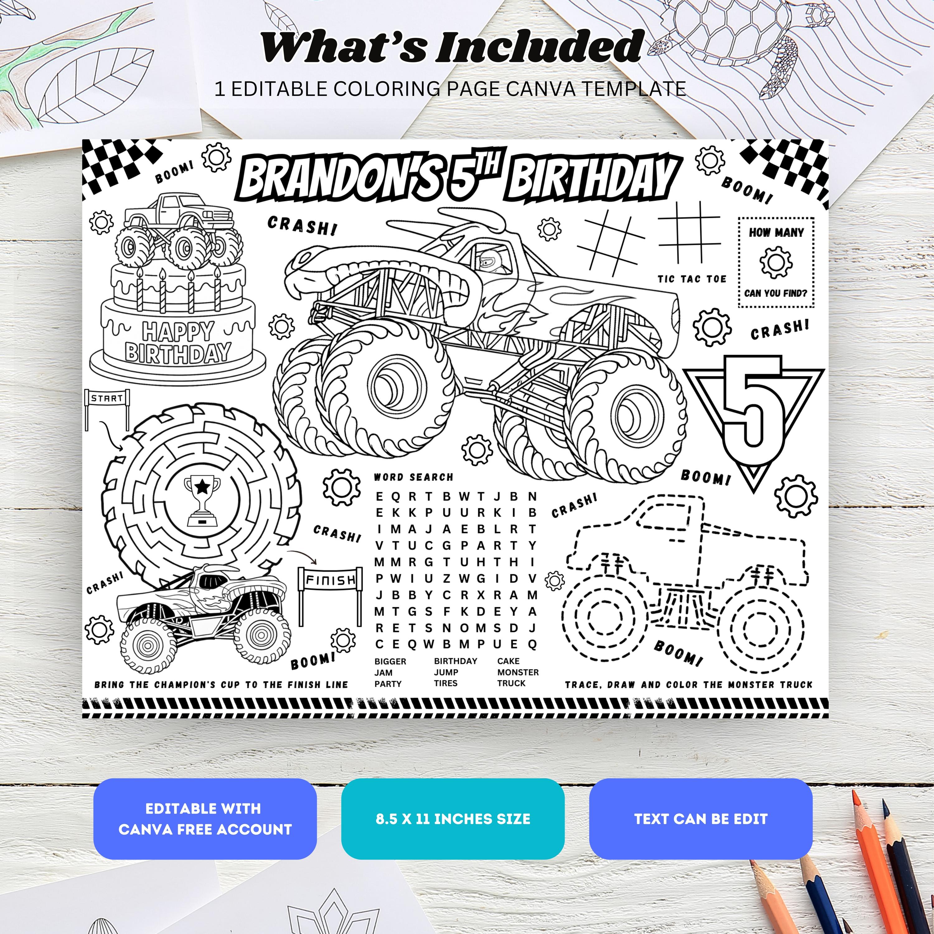 Monster Truck Birthday Coloring Page: Editable Kids Party Activity ...