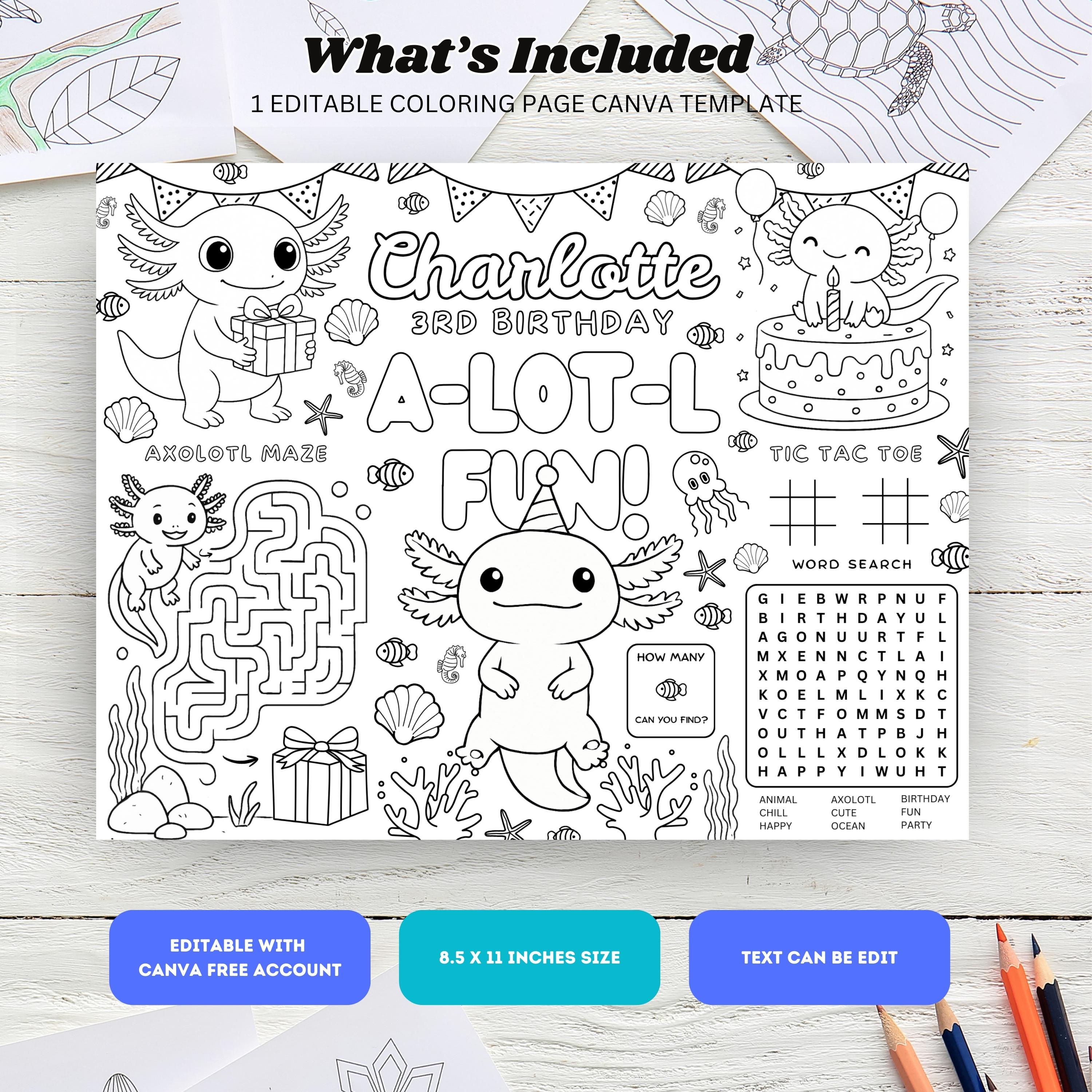Editable Axolotl Birthday Party Coloring Placemat: Kids Activity Sheet ...