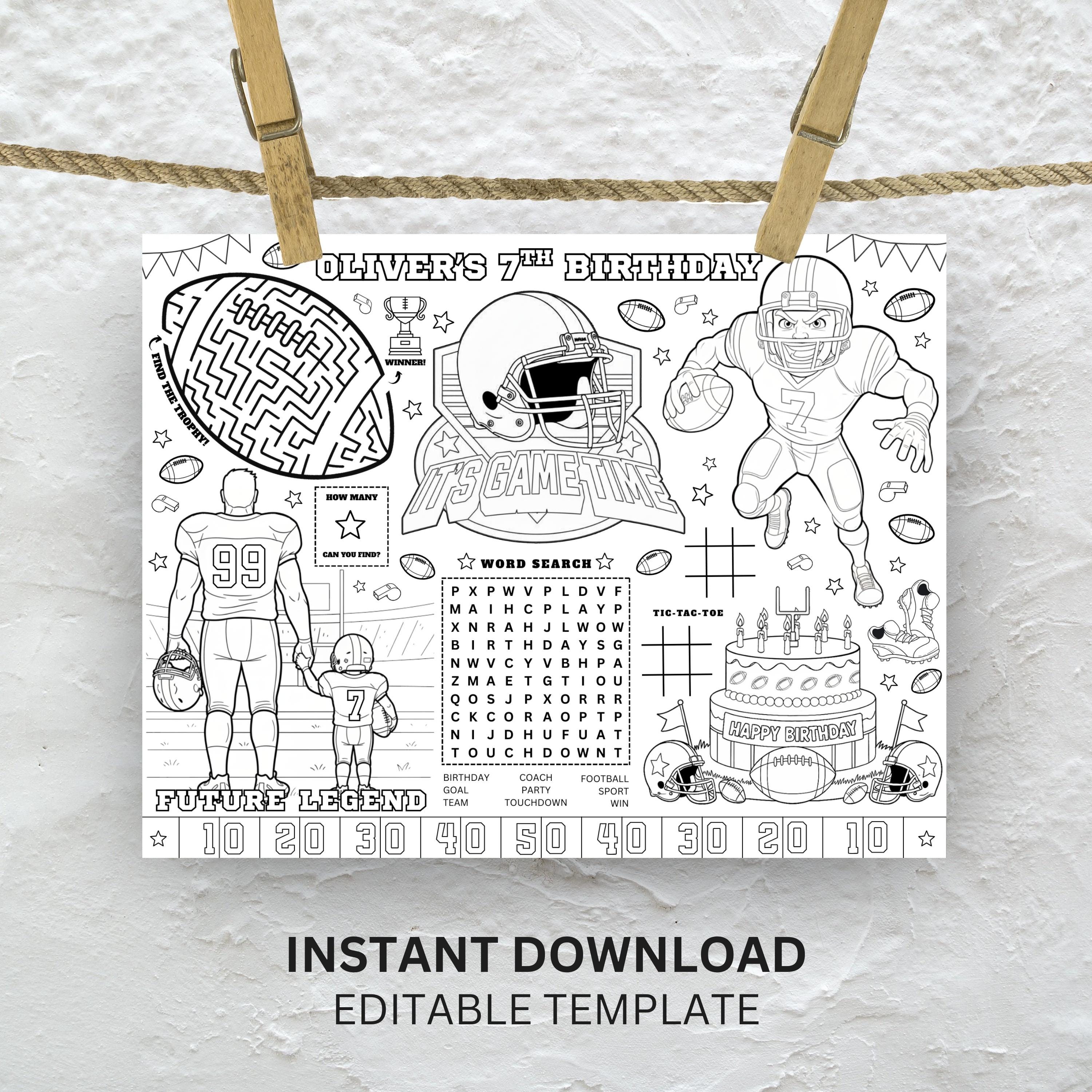 Football Birthday Coloring Placemat: Editable American Sports Kids ...