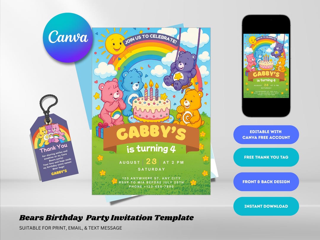 Printable Editable Bears Birthday Invitation, Kids Birthday Party ...
