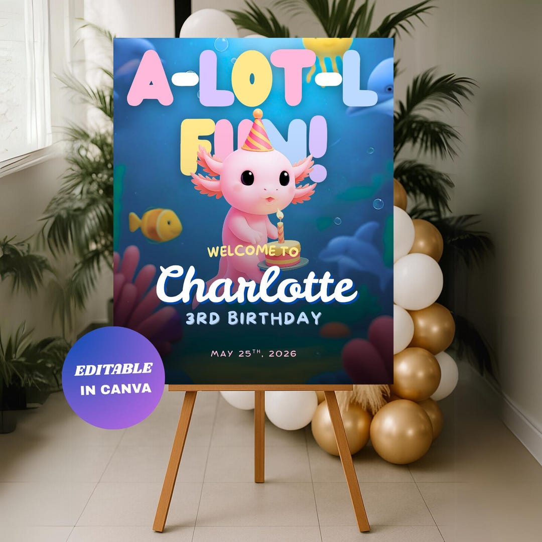 Axolotl Birthday Welcome Sign : Editable Salamander Party Poster ...