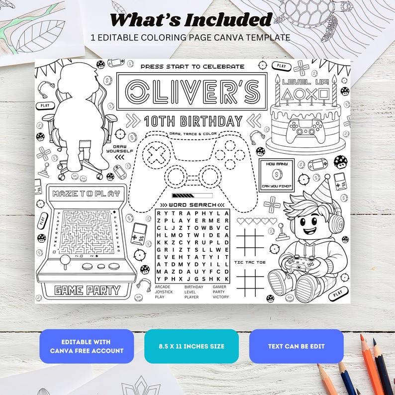 Gamer Birthday Coloring Placemat : Personalized Game Party Activity ...