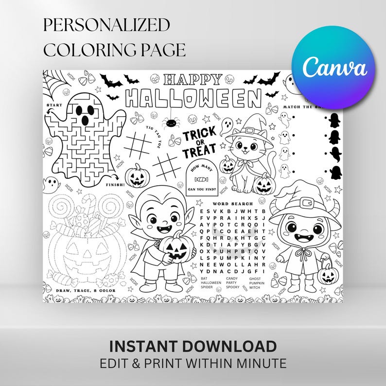 Halloween Coloring Placemat: Printable Trick or Treat Party Activity ...
