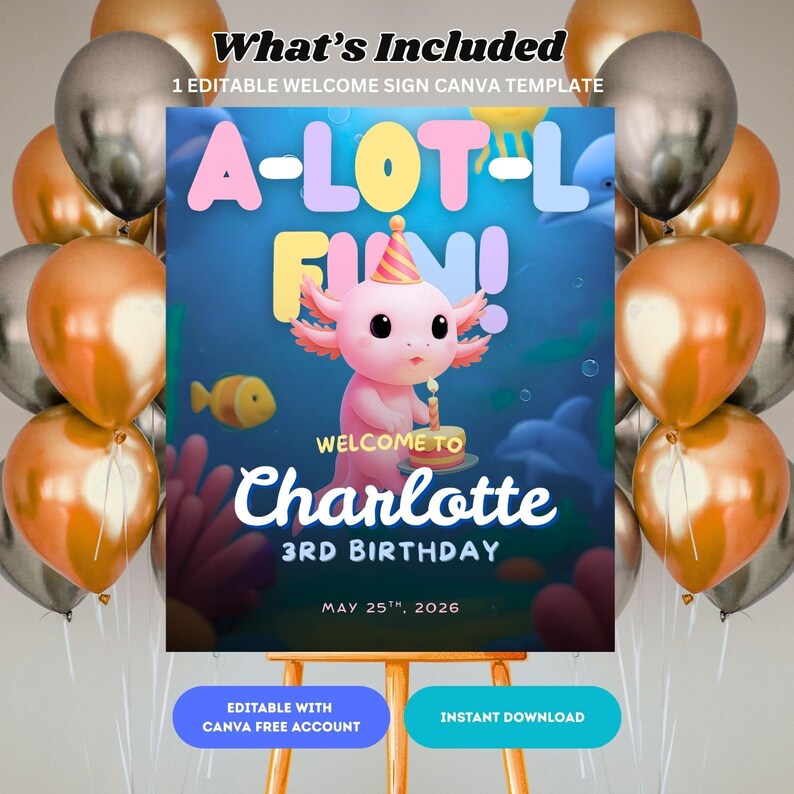 Axolotl Birthday Welcome Sign : Editable Salamander Party Poster ...