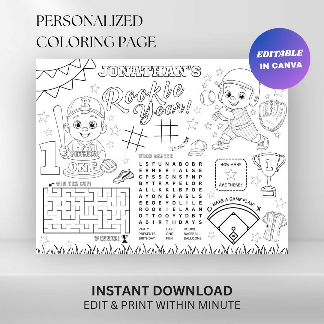 Editable Baseball 1st Birthday Coloring Placemat : Rookie of the Year ...