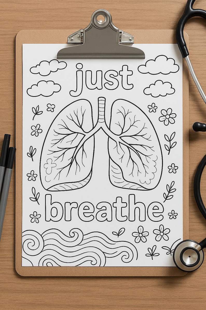 Just Breathe Coloring Page Lung Anatomy Printable for Stress Relief ...