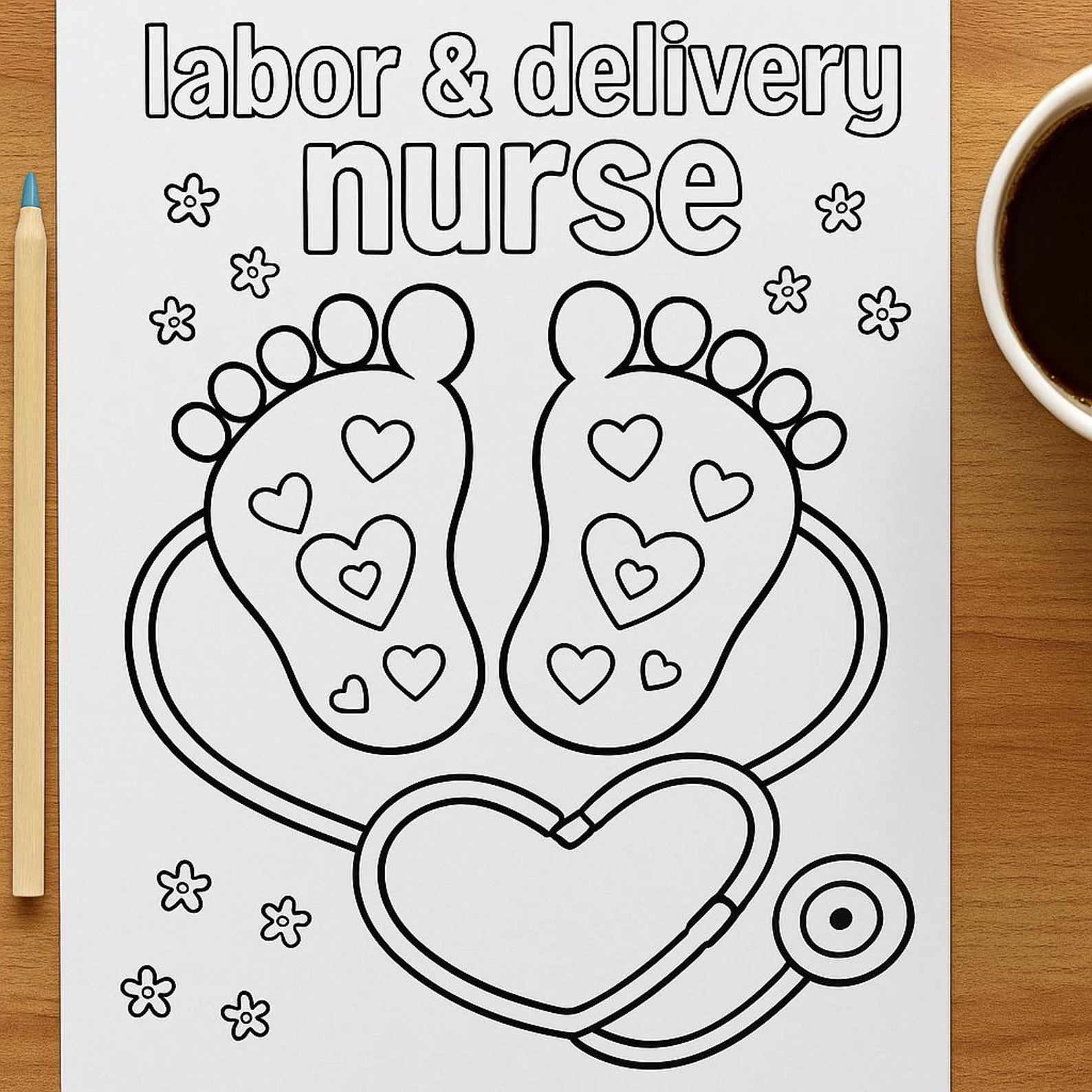 Labor Delivery Nurse Coloring Page Baby Feet & Heart Stethoscope ...