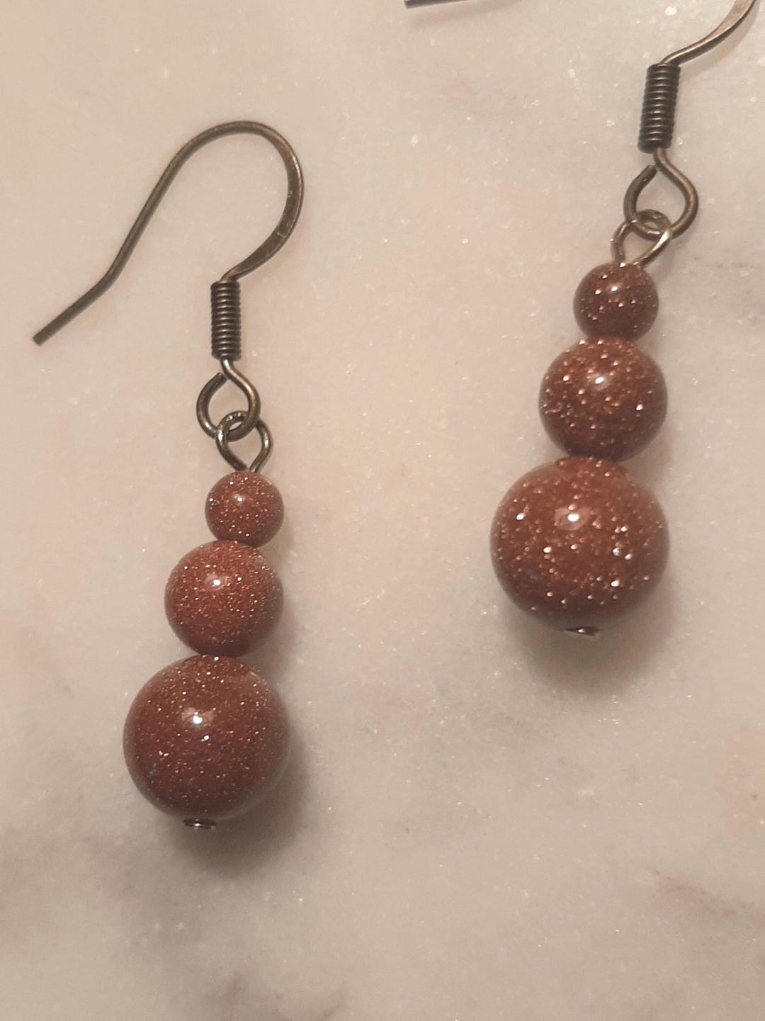 Boho Sunstone 3 Bead Sparkly Dangle Drop Brown Semi Precious Stone ...