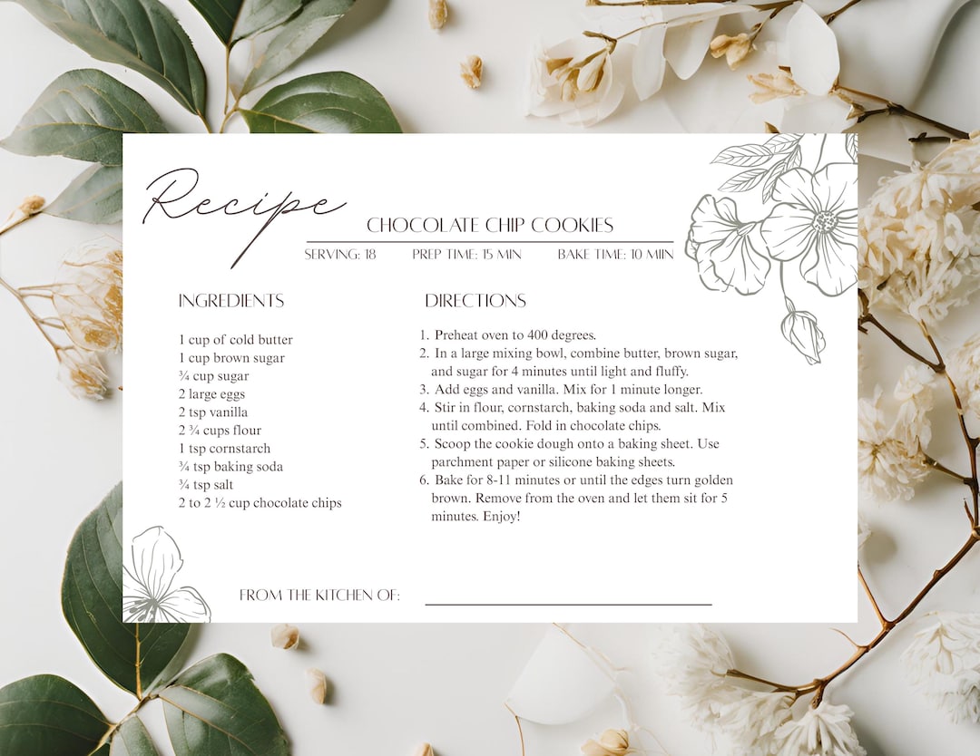 Floral Recipe Card Template: Personalized Printable (digital Download ...