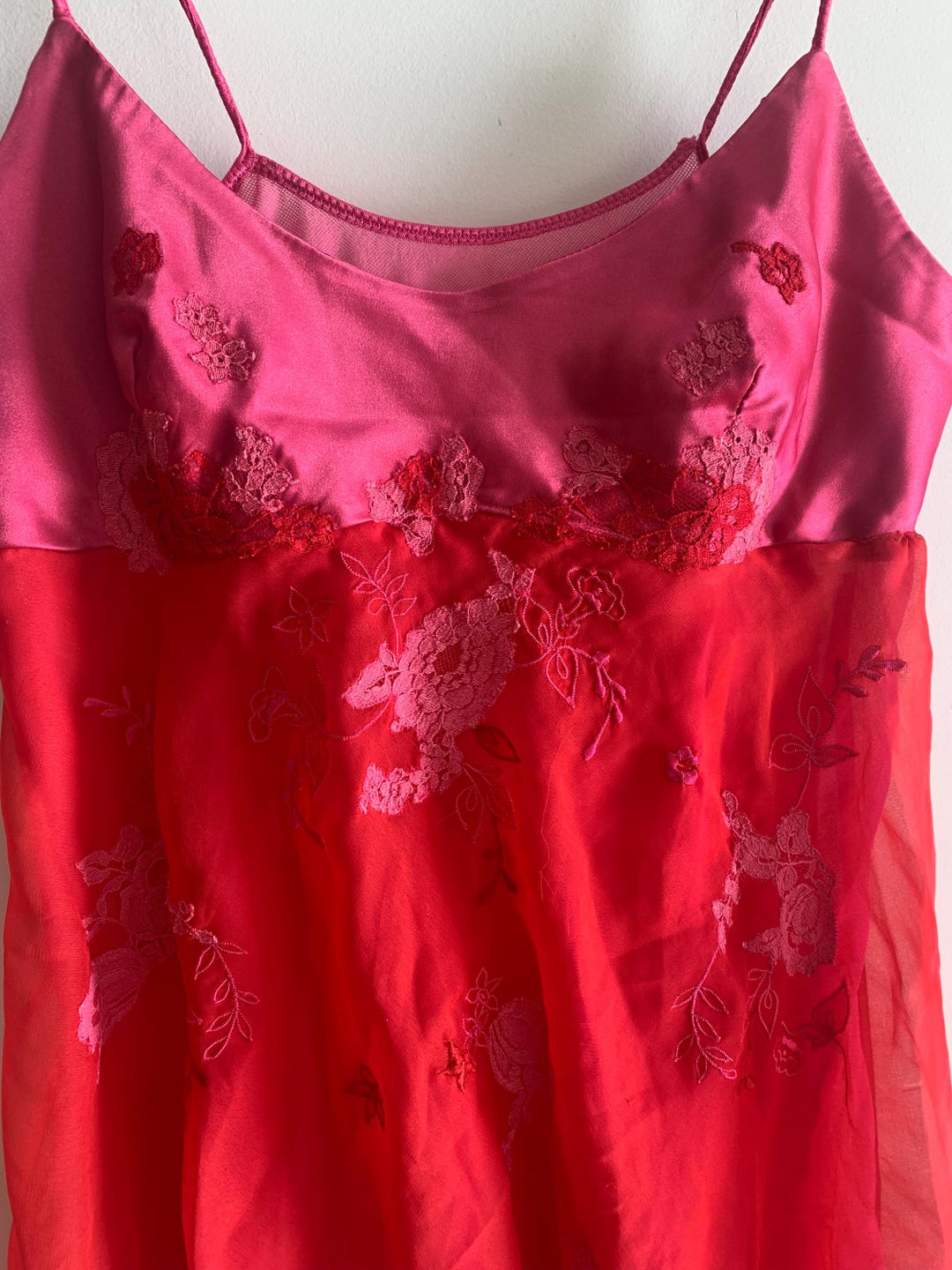 Vintage Hot Pink Red Natori Negligee Set Babydoll Embroidered Sheer ...