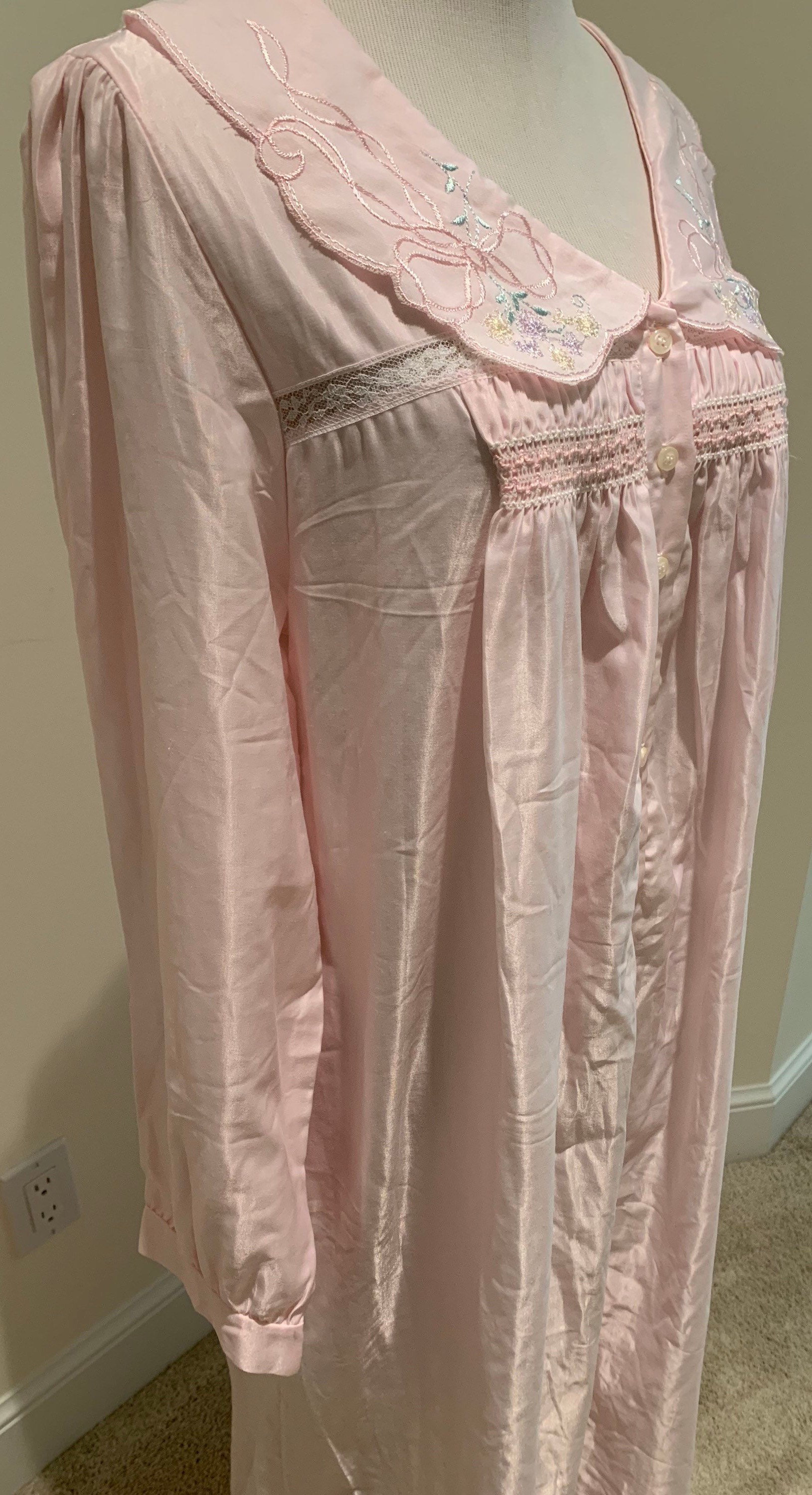 Pink Cream Puff Wet Look Satin Long Nightgown Brushed Cotton Lining ...