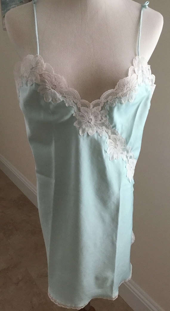Seafoam teal blue nightgown short chemise lace small - Gem