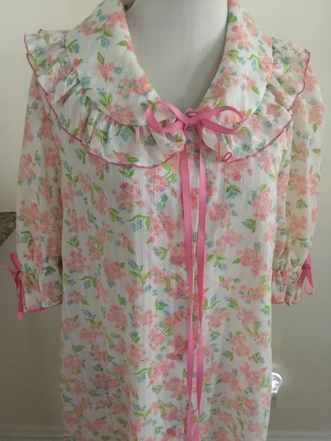 Pink Floral Ribbons Ruffles Long Robe Button Front Housecoat Small - Etsy