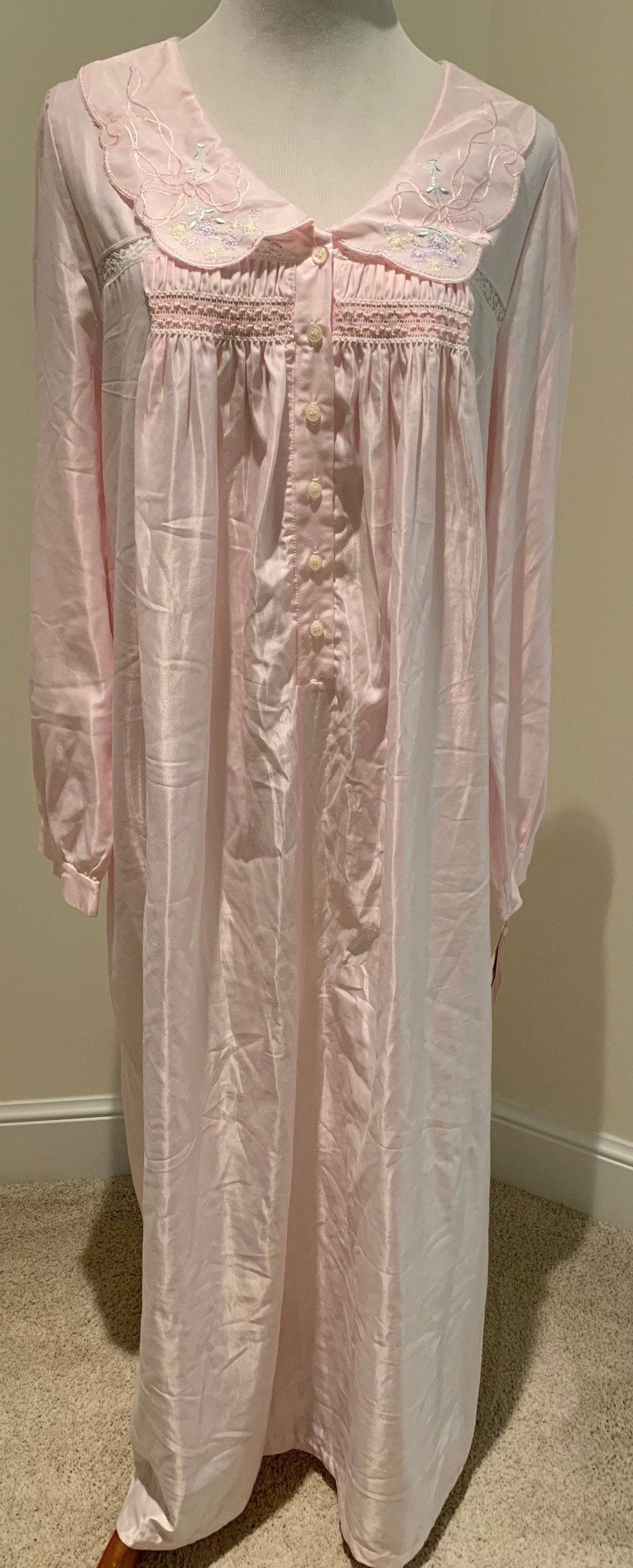 Pink Cream Puff Wet Look Satin Long Nightgown Brushed Cotton Lining ...