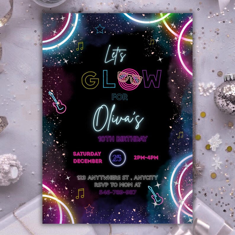 Editable Glow Party Birthday Invitation: Neon Lights Theme (digital ...