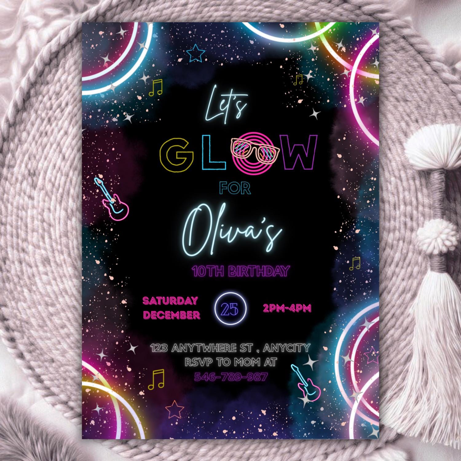 Editable Glow Party Birthday Invitation: Neon Lights Theme (digital ...