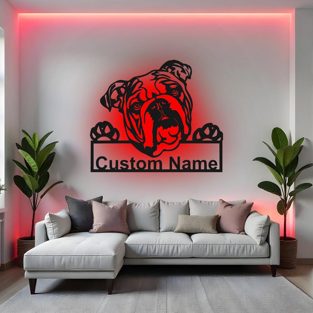 Custom English Bulldog LED Metal Wall Art, Personalized Dog Name Decor ...