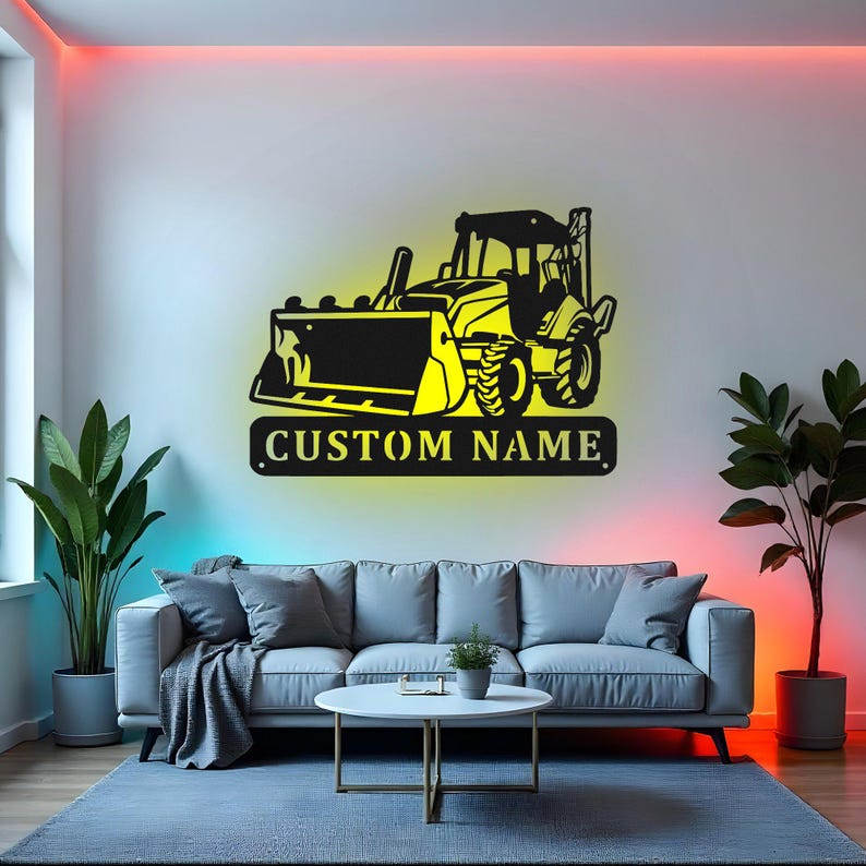 Custom Backhoe Truck Sign LED Metal Wall Art, Personalized Construction ...