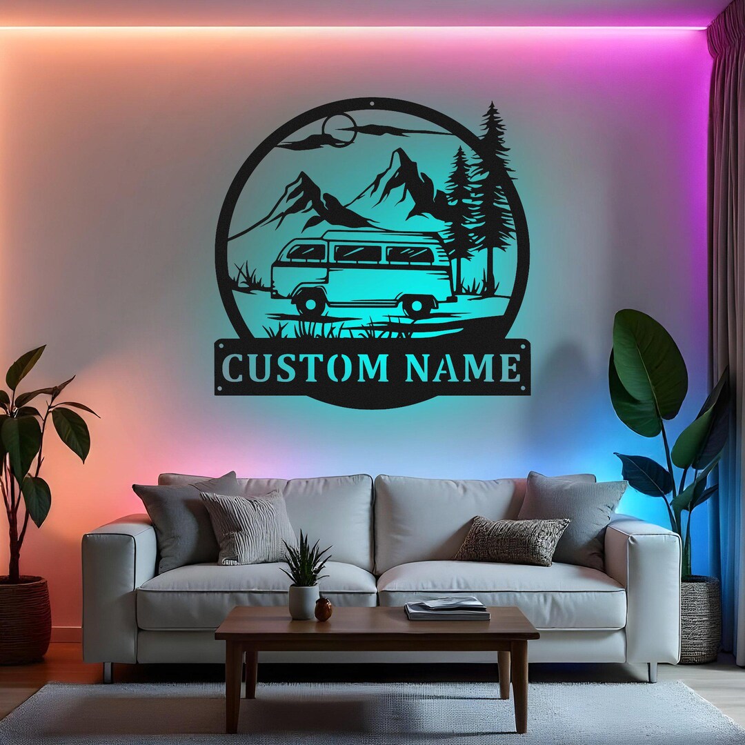Custom Camper Van Sign LED Metal Wall Art, Personalized Camping Decor ...
