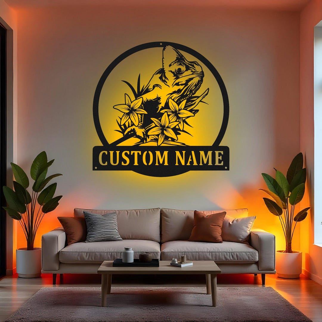Custom Chameleon Sign LED Metal Wall Art, Personalized Floral Chameleon ...