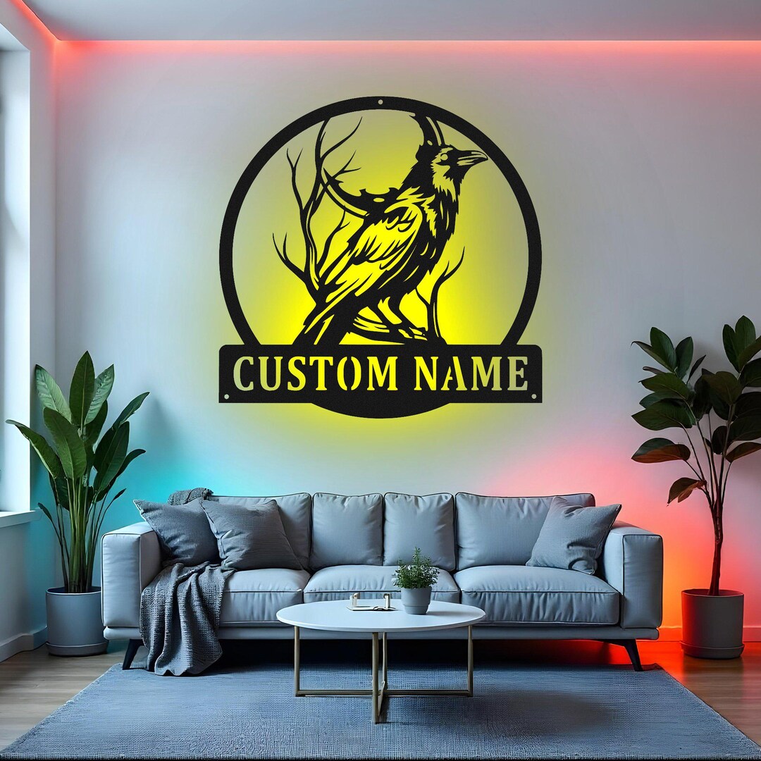 Custom Raven Sign LED Metal Wall Art, Personalized Black Crow Bird ...