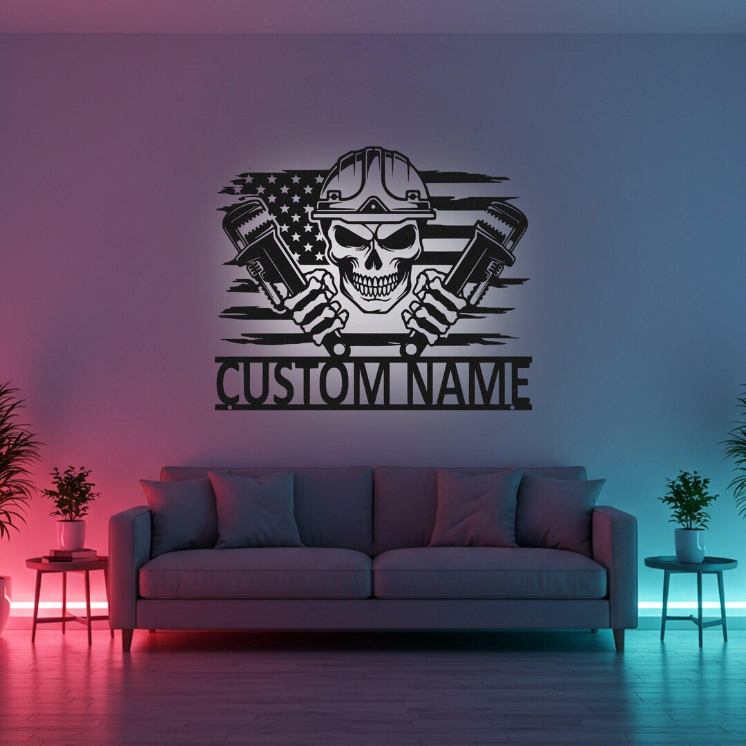 Custom Plumber Skull Sign LED Metal Wall Art, Personalized Plumber Gift ...
