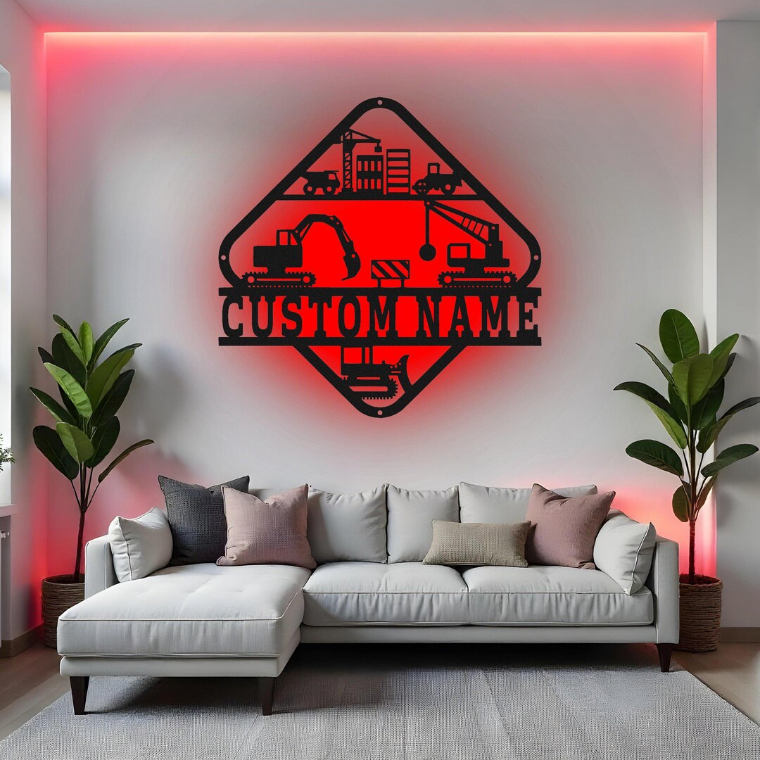 Custom Construction Sign LED Metal Wall Art, Personalized Builder Decor ...