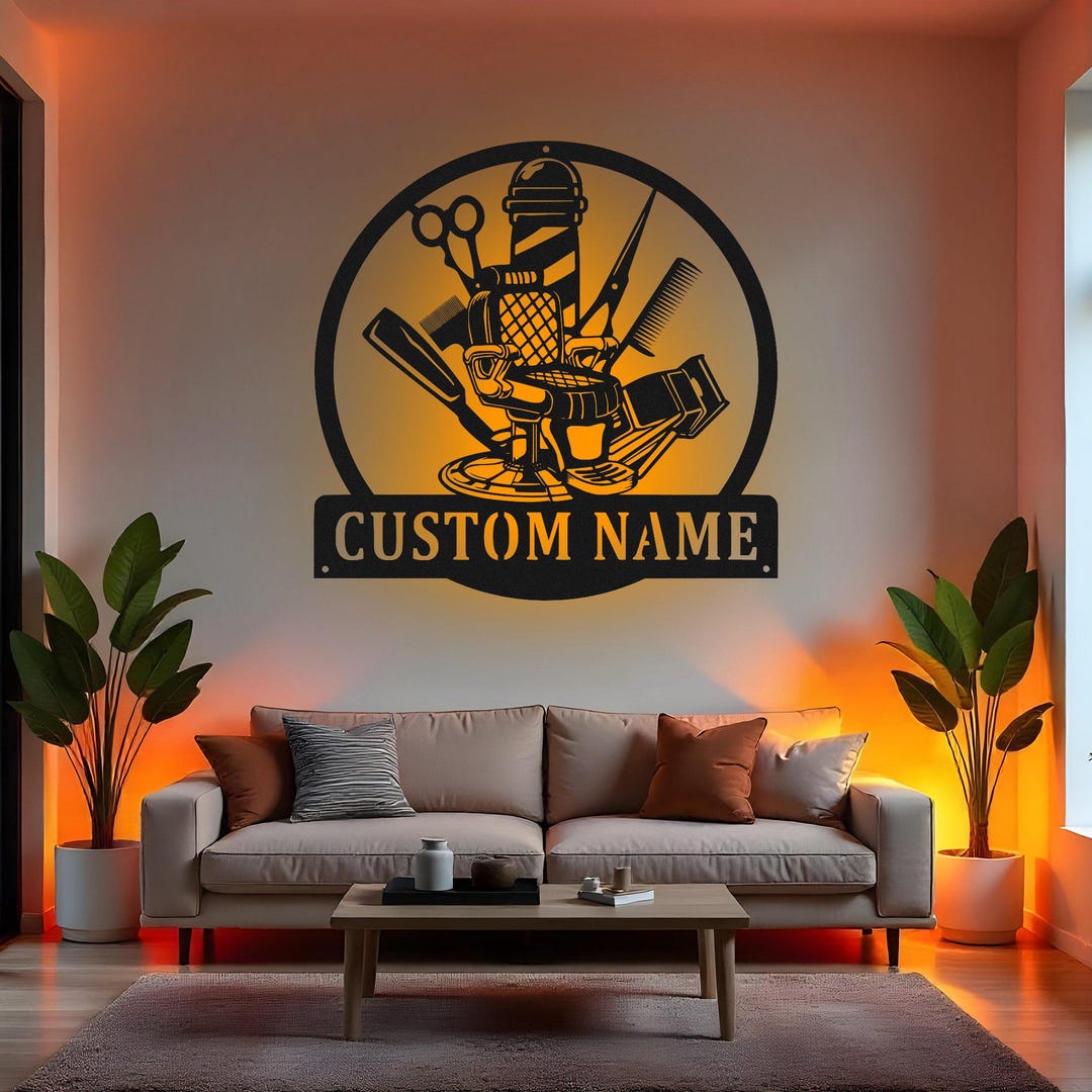 Custom Barbershop LED Metal Wall Art, Personalized Barber Shop Decor, Hair Salon Wall Hanging ...