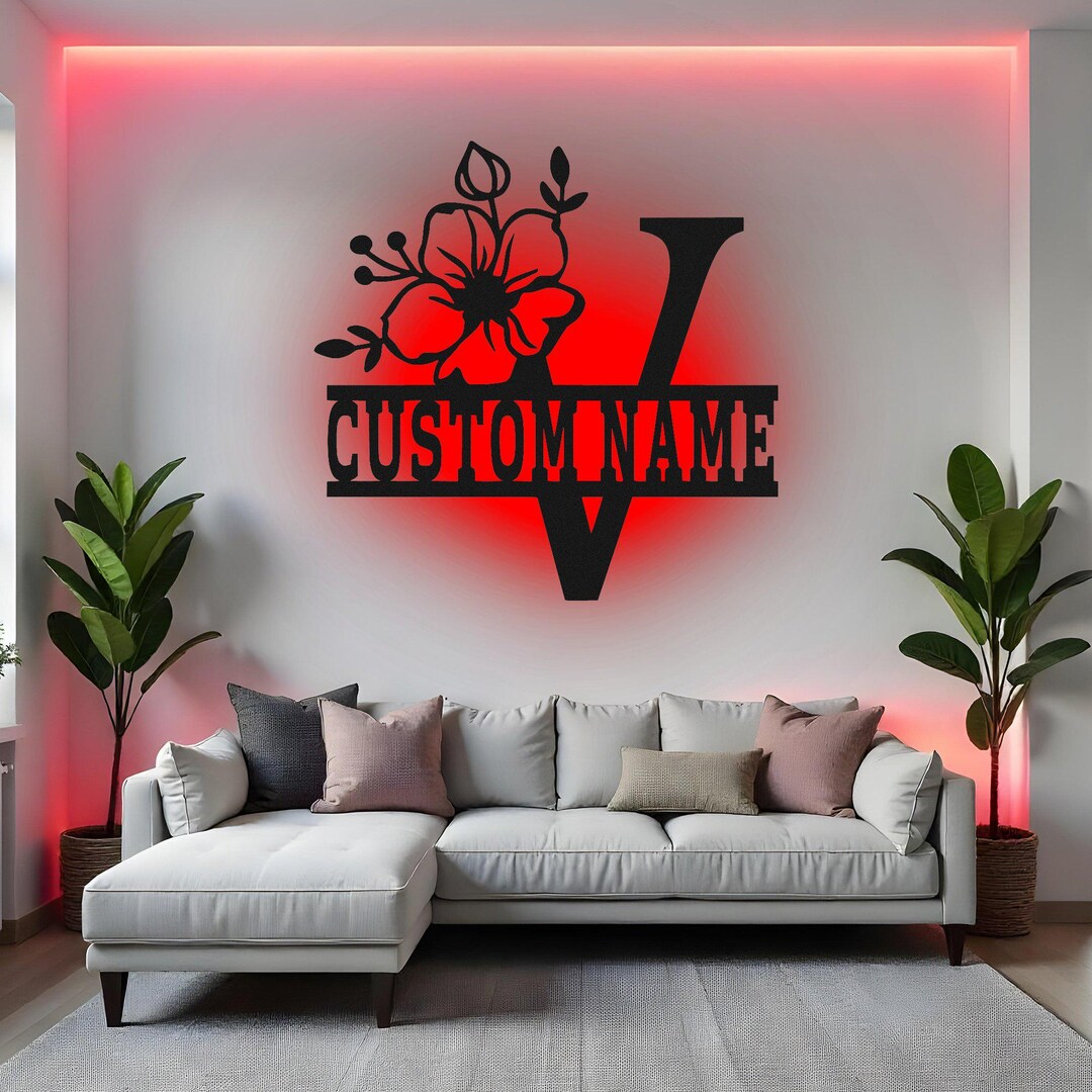 Custom V Letter Monogram Floral Alphabet LED Metal Wall Art ...