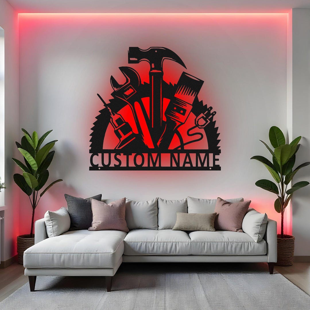 Custom Handyman Sign LED Metal Wall Art, Personalized Workshop Decor ...