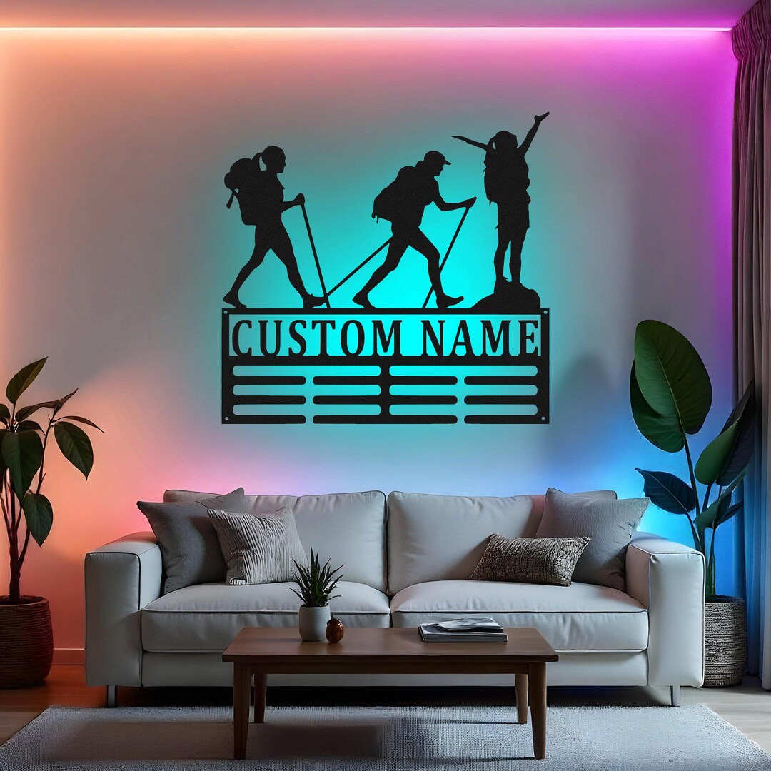 Custom Hiking Sign LED Metal Wall Art, Personalized Hiker Medal Holder ...
