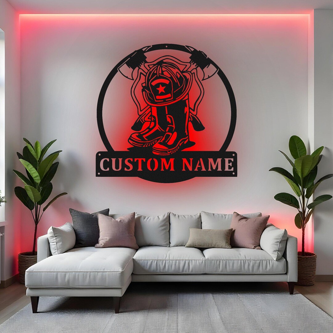 Custom Firefighter Sign LED Metal Wall Art, Personalized Firefighter ...