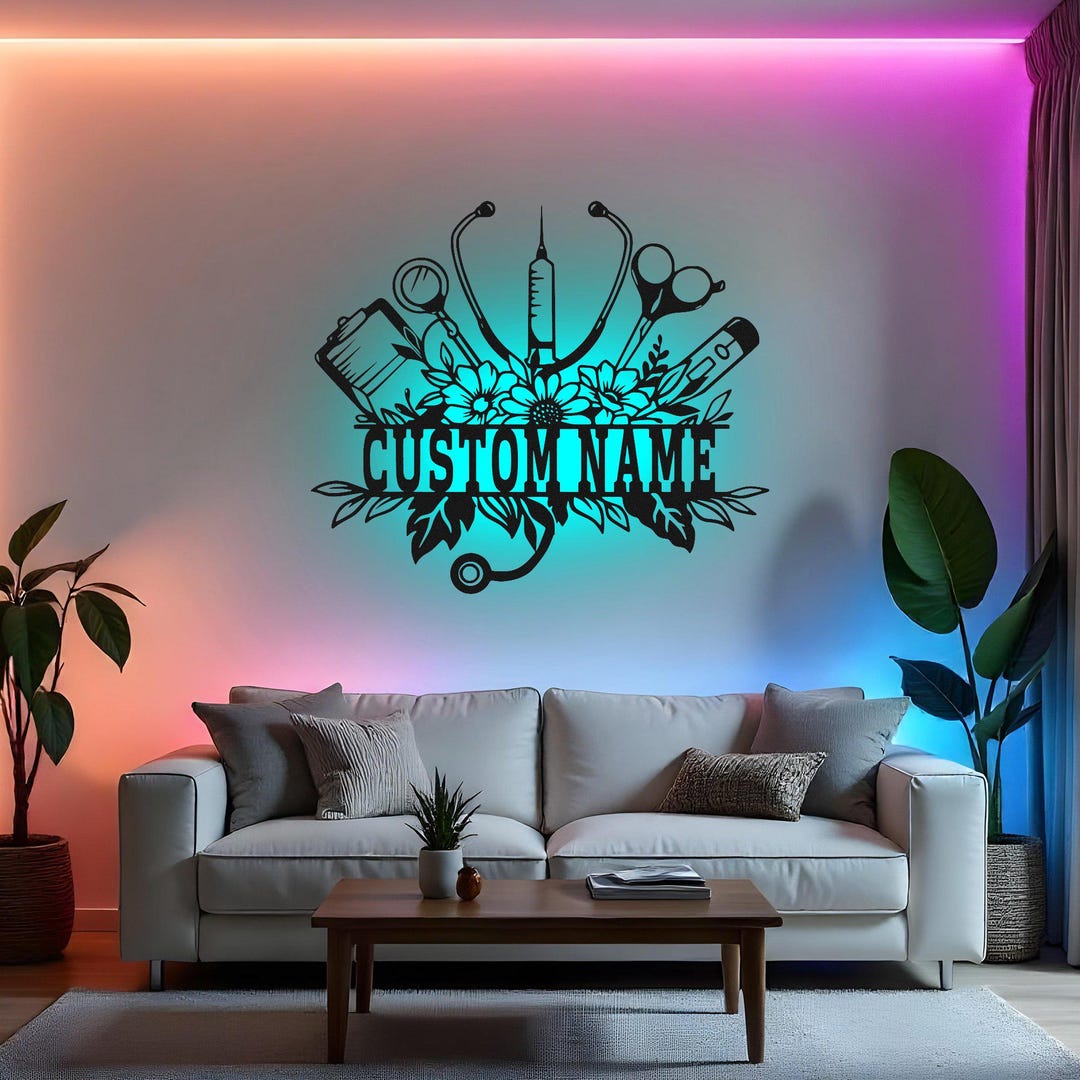 Custom Nurse Sign LED Metal Wall Art, Personalized Floral Nurse Decor ...
