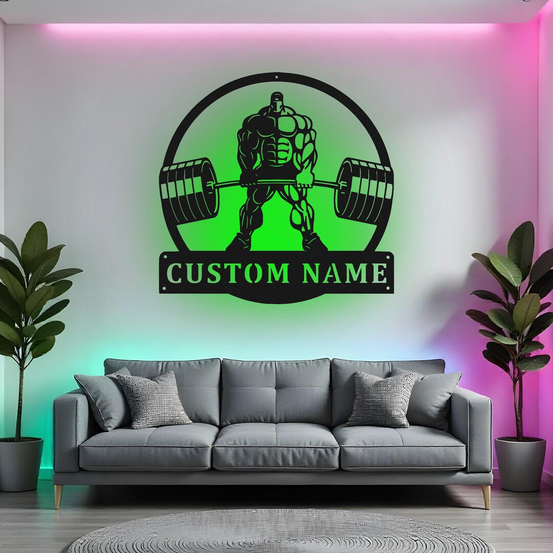 Custom Powerlifting Sign LED Metal Wall Art, Personalized Weightlifting ...
