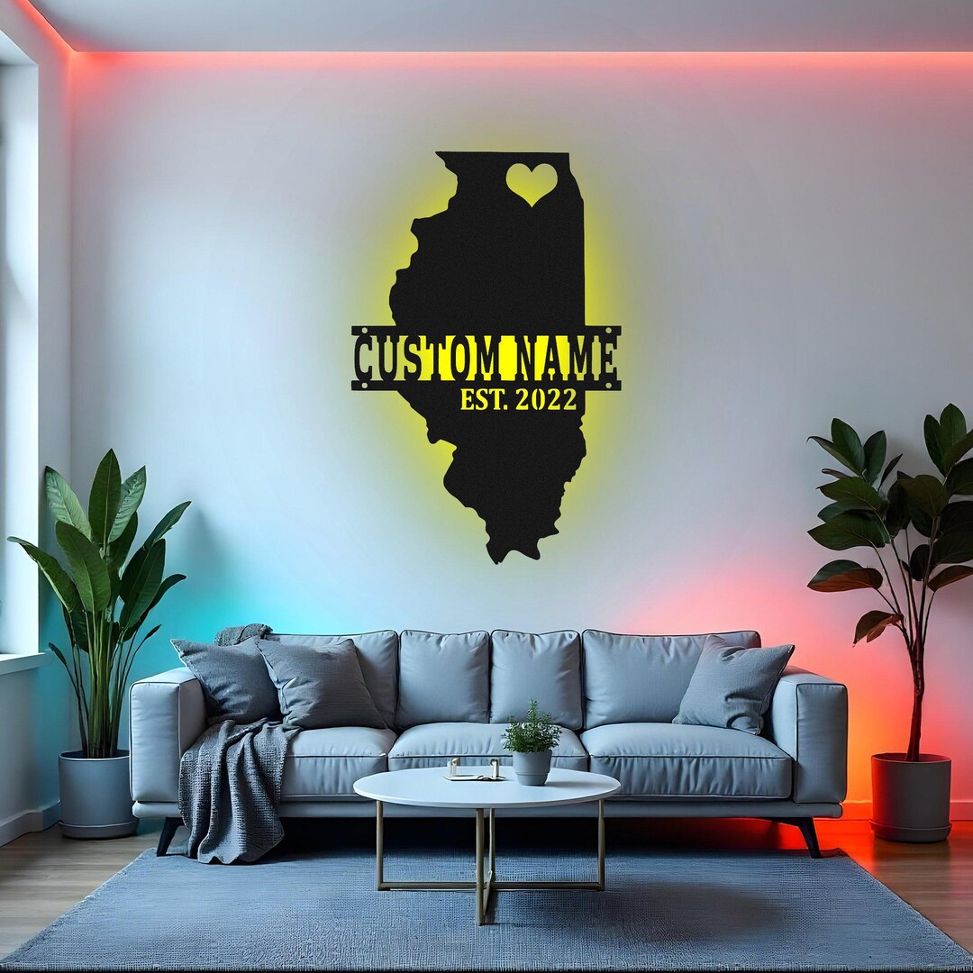 Custom Illinois Sign LED Metal Wall Art, Personalized State Map Decor ...