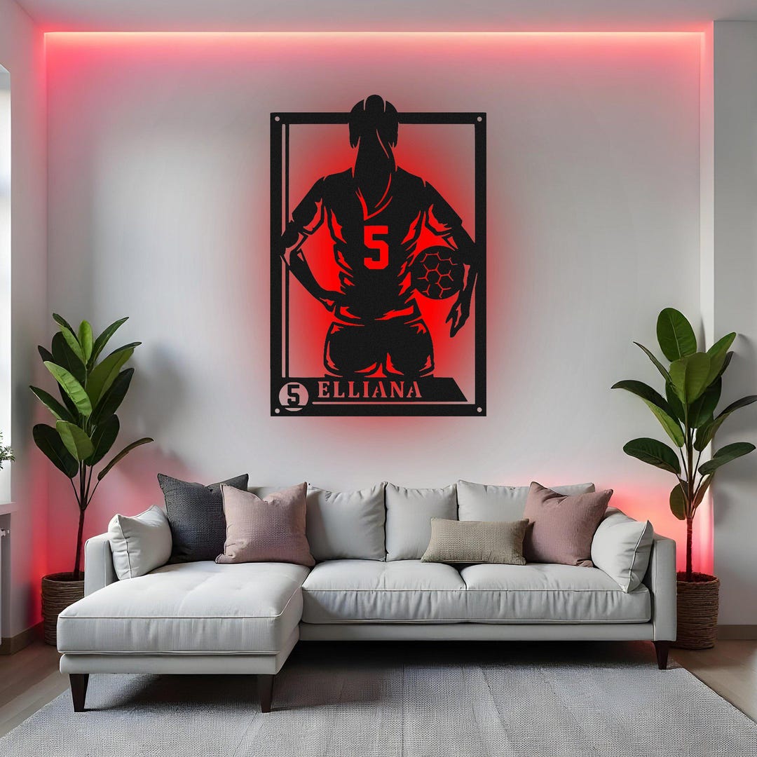 Custom Female Soccer Sign LED Metal Wall Art, Personalized Soccer ...