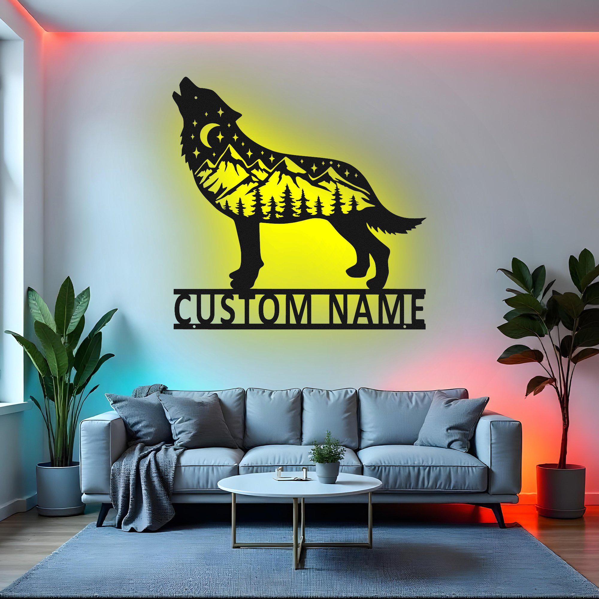 Custom Wolf Sign LED Metal Wall Art, Personalized Mountain Wolf Decor ...