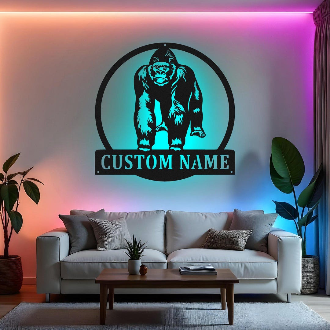 Custom Gorilla Sign LED Metal Wall Art, Personalized Gorilla Name Decor ...