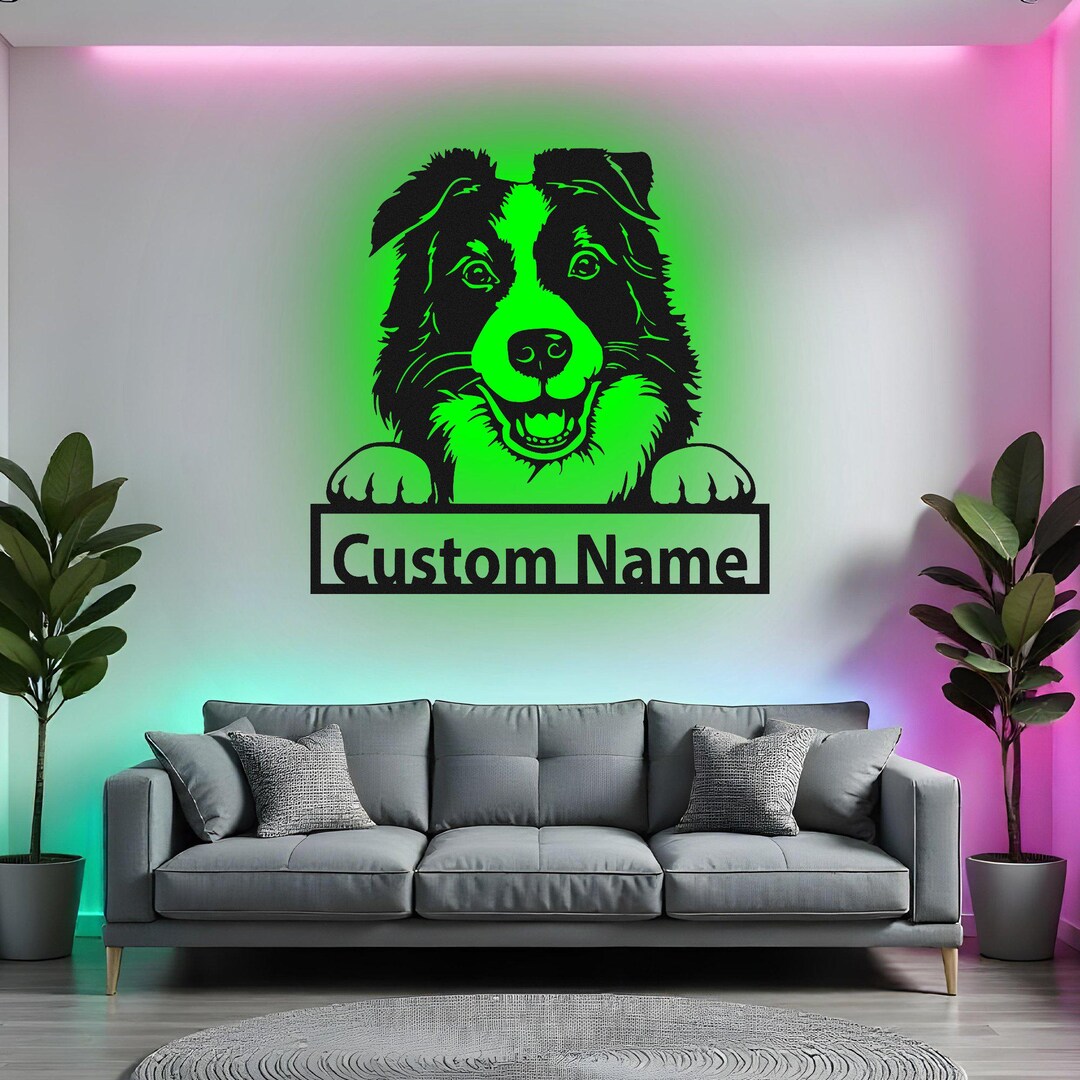 Custom Border Collie Sign LED Metal Wall Art, Personalized Dog Name ...