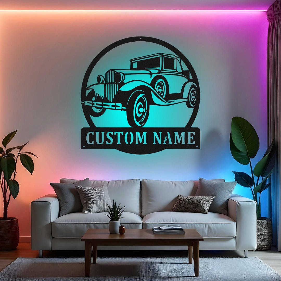 Custom Vintage Car Sign LED Metal Wall Art, Personalized Garage Decor ...