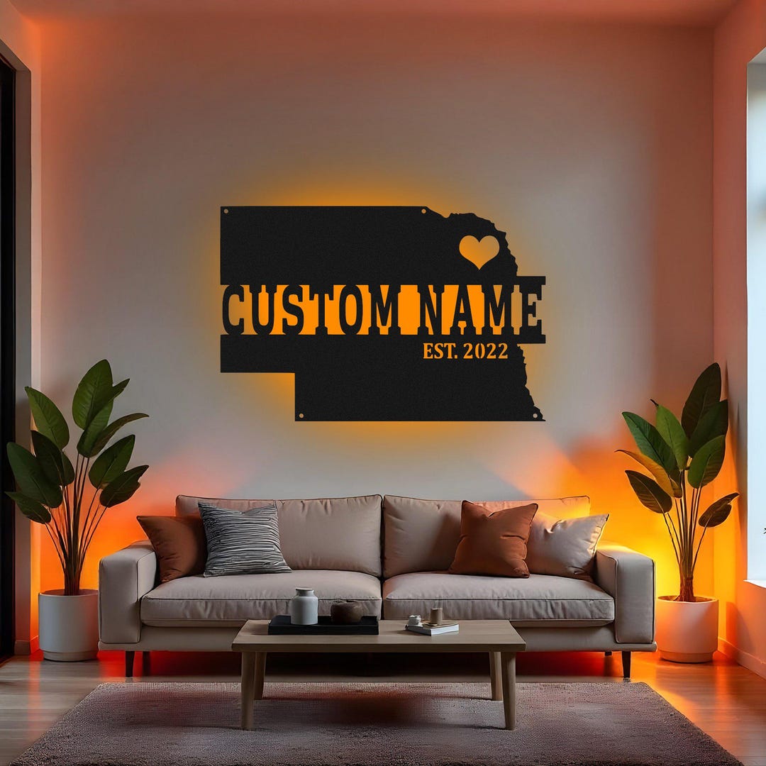 Custom Nebraska Sign LED Metal Wall Art, Personalized State Map Decor ...
