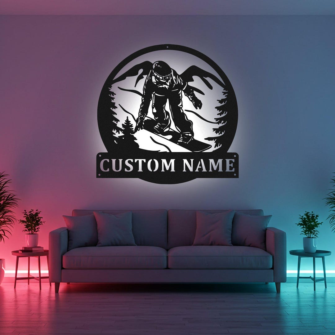 Custom Snowboarder Sign LED Metal Wall Art, Personalized Snowboarding ...