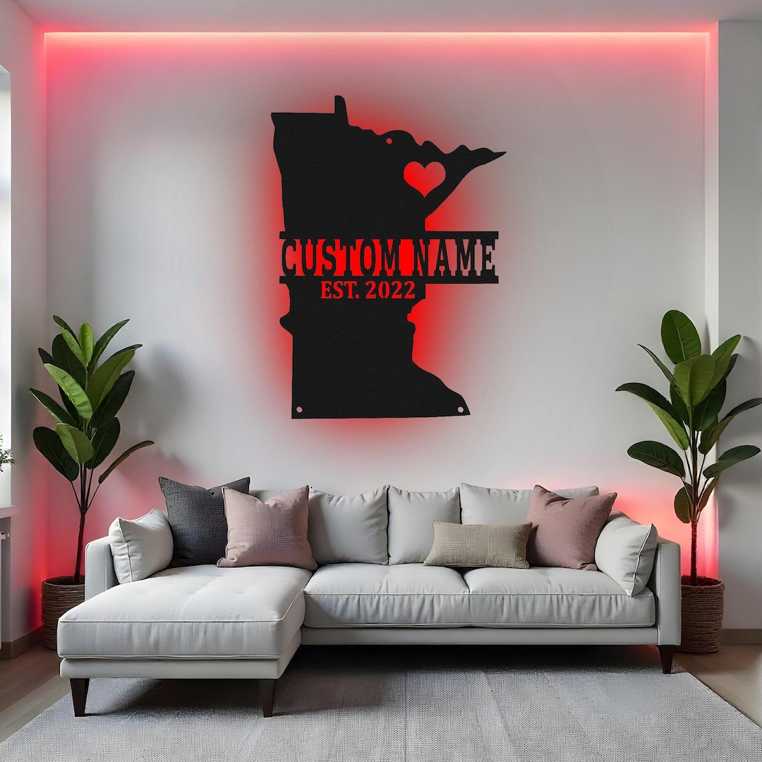 Custom Minnesota Sign LED Metal Wall Art, Personalized State Map Decor ...