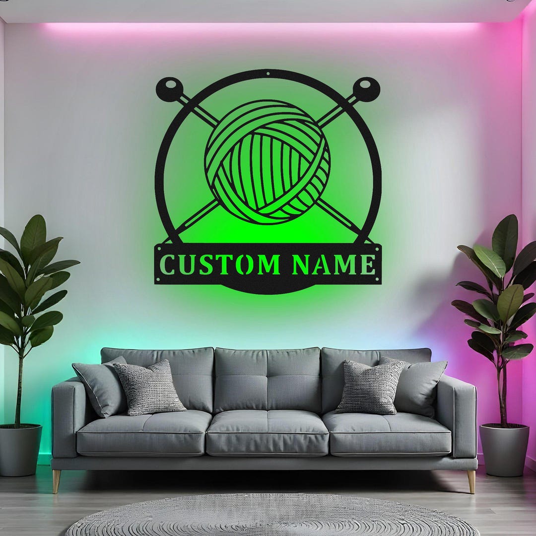 Custom Crochet Sign LED Metal Wall Art, Personalized Yarn Ball Decor ...