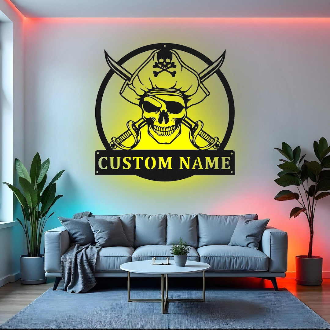 Custom Pirate Skull Sign LED Metal Wall Art, Personalized Pirate Ship ...
