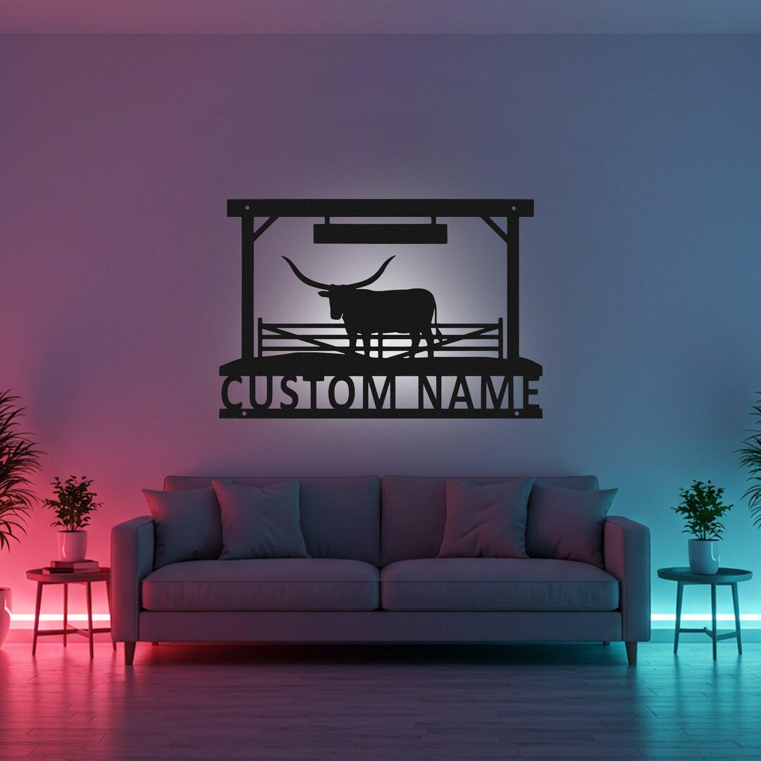 Custom Longhorn Sign LED Metal Wall Art, Personalized Ranch Decor ...